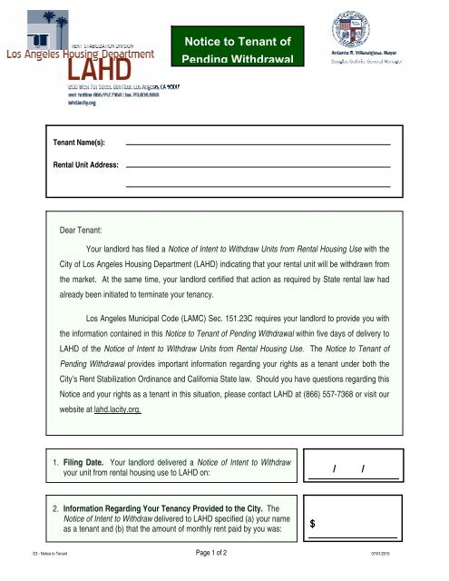 Notice to Tenant of Pending Withdrawal
