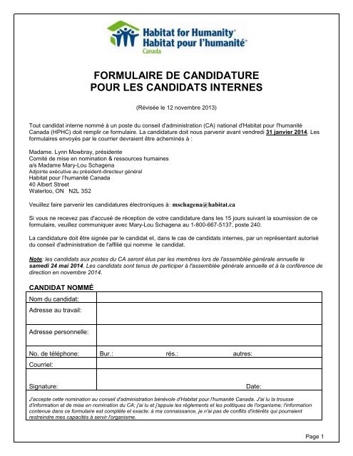 FORMULAIRE DE CANDIDATURE POUR LES CANDIDATS INTERNES