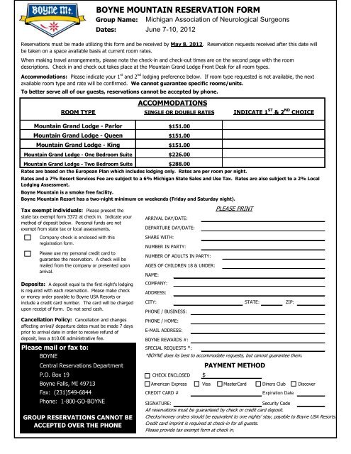 BOYNE MOUNTAIN RESERVATION FORM