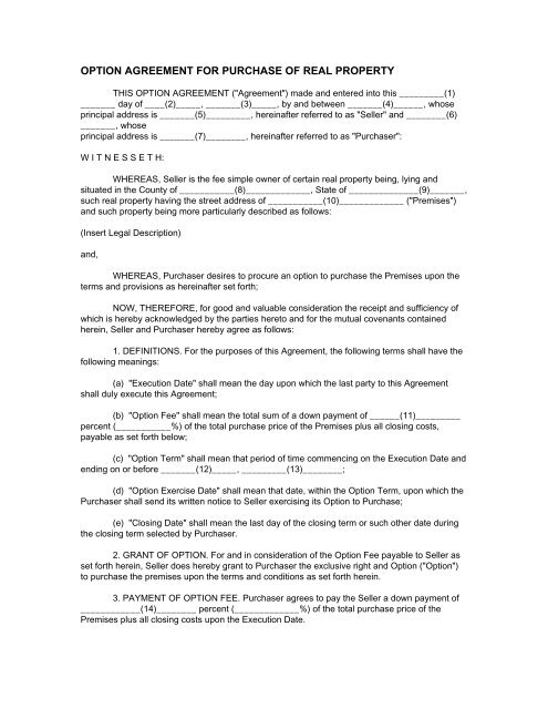 OPTION AGREEMENT FOR PURCHASE OF REAL PROPERTY