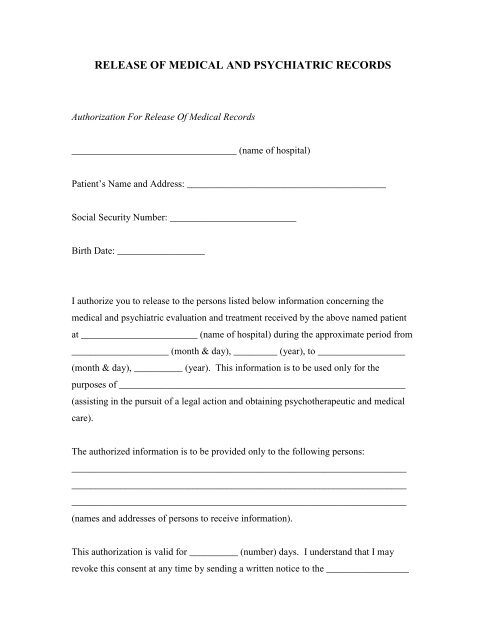 RELEASE OF MEDICAL AND PSYCHIATRIC RECORDS