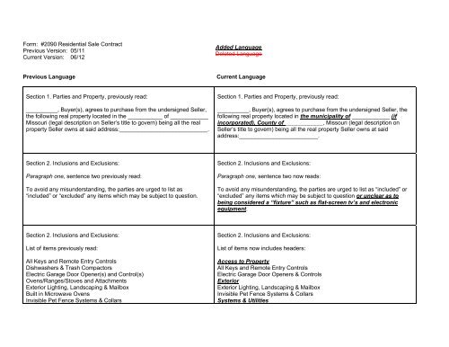 Form: #2090 Residential Sale Contract Previous Version: 05/11 ...