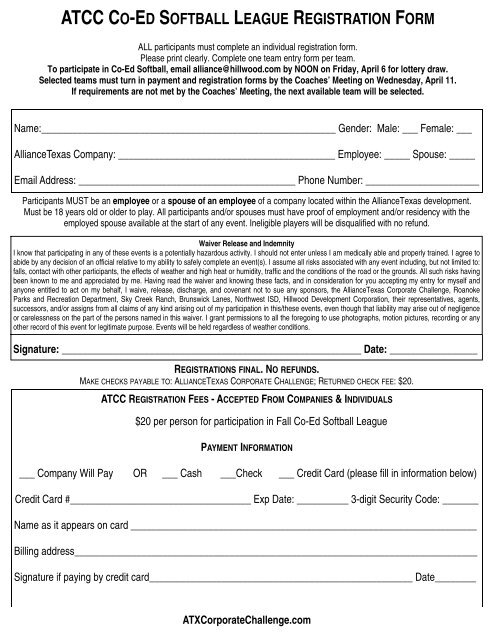 ATCC CO-ED SOFTBALL LEAGUE REGISTRATION FORM