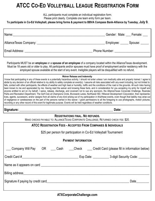 ATCC CO-ED VOLLEYBALL LEAGUE REGISTRATION FORM