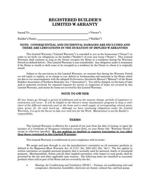 REGISTERED BUILDER'S LIMITED WARRANTY