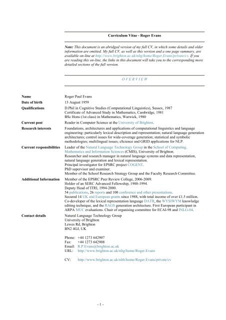 Curriculum Vitae - Roger Evans Note: This document is an abridged ...