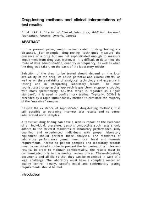 Drug-testing methods and clinical interpretations of test results