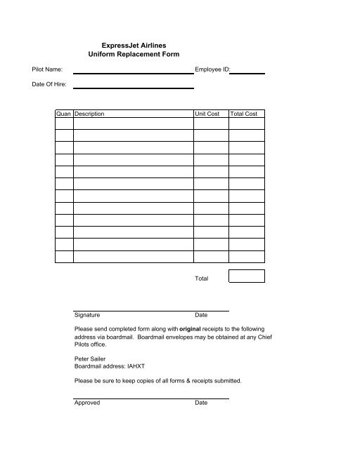 ExpressJet Airlines Uniform Replacement Form