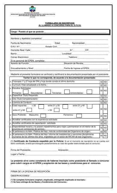 Cargo / Puesto al que se postula: Nombres y Apellidos ... - epen.gov.ar