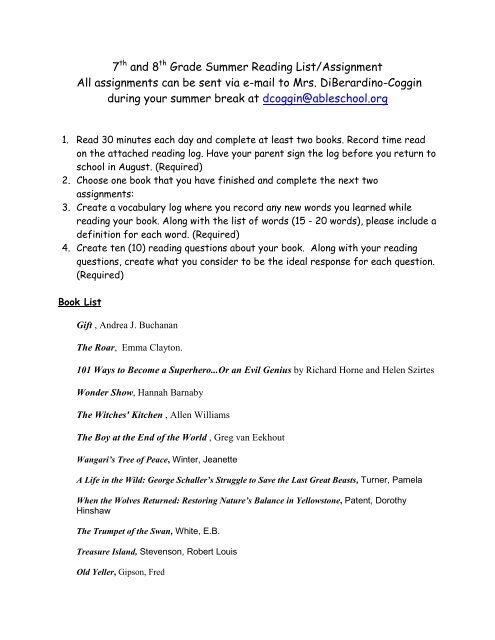7th and 8th Grade Summer Reading List/Assignment All ...