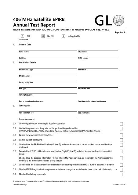 F412BE - 406Mhz Satellite EPIRB Annual Test Report - GL Group