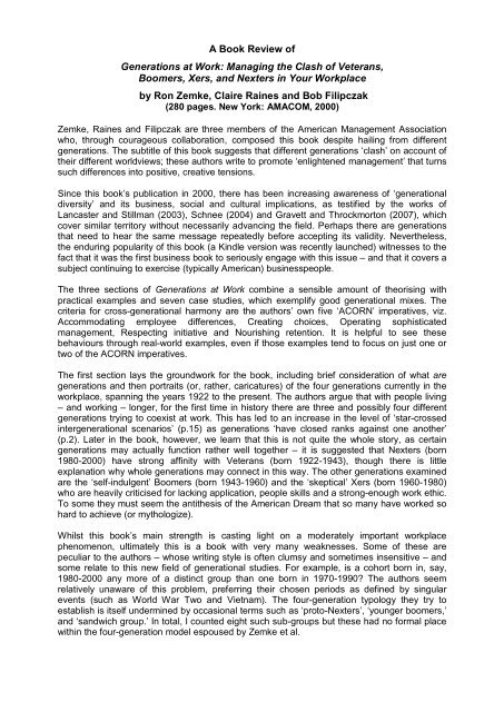 A Book Review of Generations at Work: Managing ... - Theduckers.org