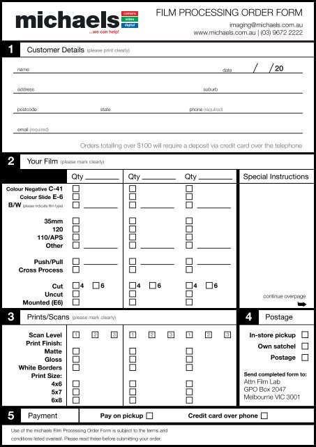 FILM PROCESSING ORDER FORM - Michaels