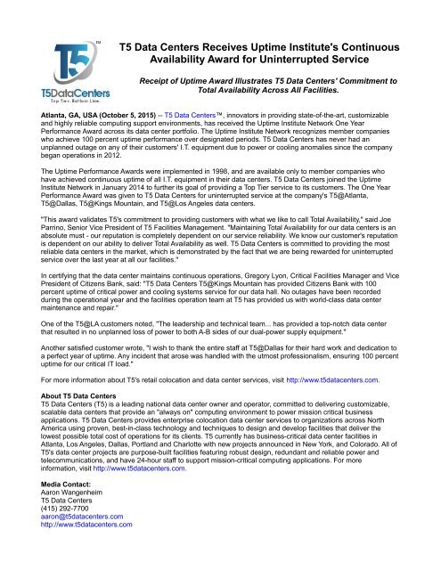 T5 Data Centers Receives Uptime Institute's Continuous Availability ...