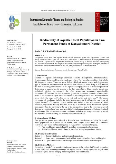 Biodiversity of Aquatic Insect Population in Two Permanent ...