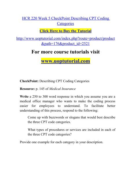 HCR 220 Week 5 CheckPoint Describing CPT Coding Categories