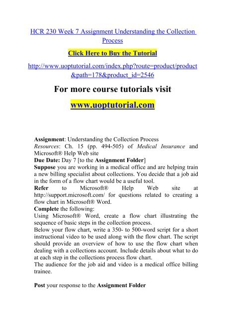 HCR 230 Week 7 Assignment Understanding the Collection Process