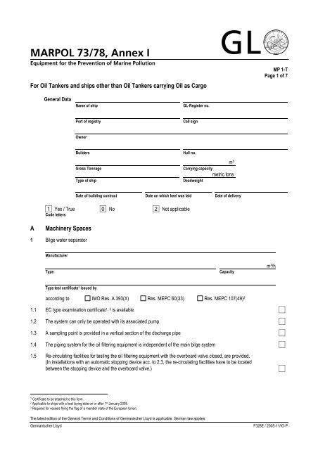 MARPOL 73/78, Annex I - Equipment for the prevention ... - GL Group