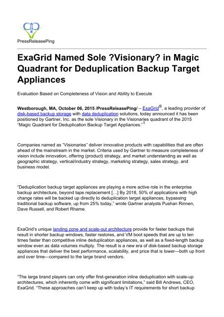ExaGrid Named Sole Visionary in Magic Quadrant for Deduplication Backup ...