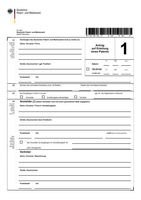 Antrag auf Erteilung eines Patents (Formular P 2007) - DPMA