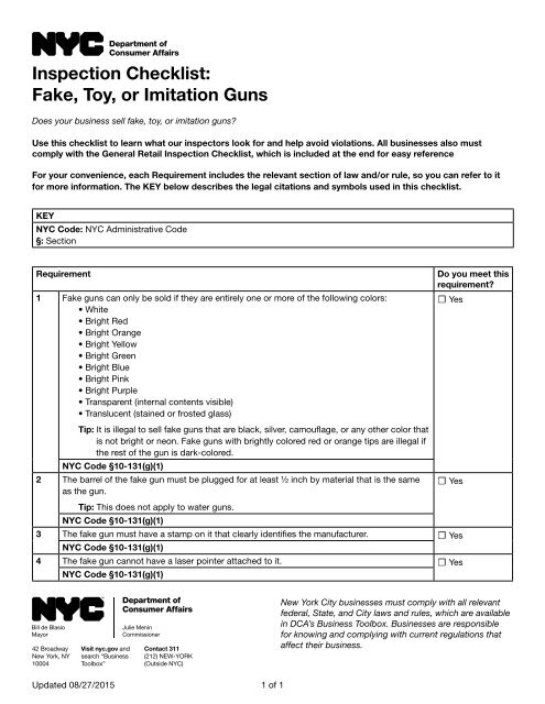 Inspection Checklist Fake Toy or Imitation Guns