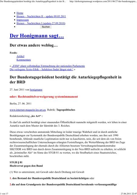 Der Bundestagspräsident bestätigt die Autarkiegepflogenheit in der BRD « Der Honigmann sagt…