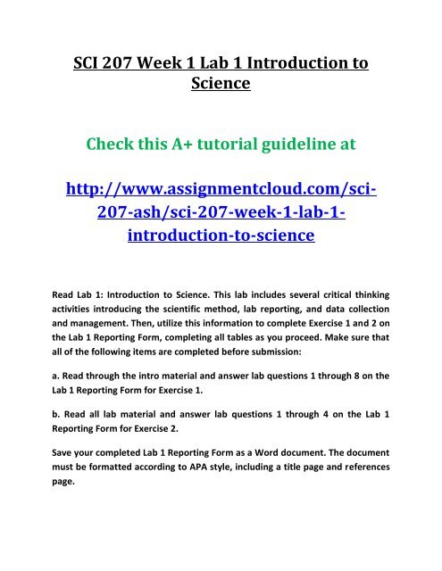 SCI 207 Week 1 Lab 1 Introduction to Science