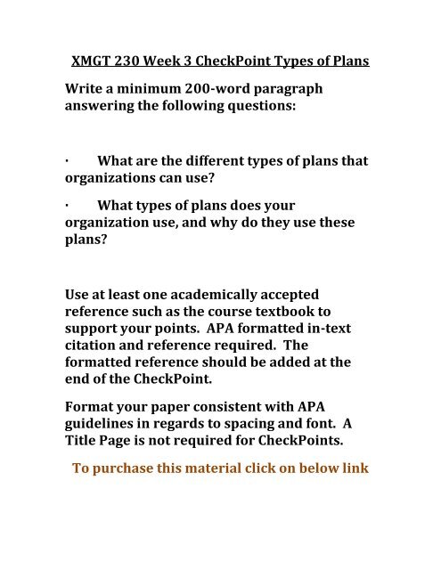 XMGT 230 Week 3 CheckPoint Types of Plans