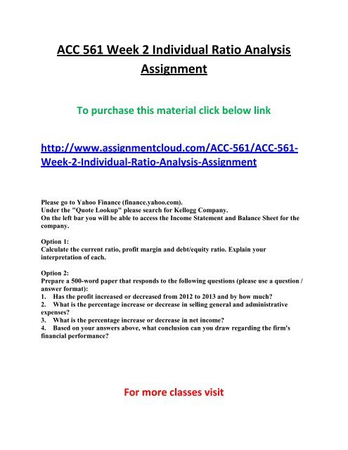 NEW ACC 561 Week 2 Individual Ratio Analysis Assignment