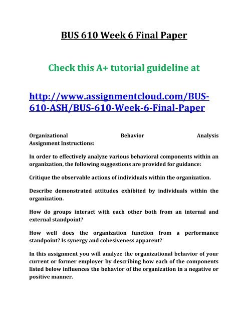 ASH BUS 610 Week 6 Final Paper