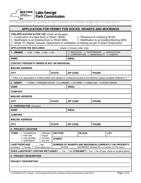 Application for Permit for Docks, Wharfs and Moorings