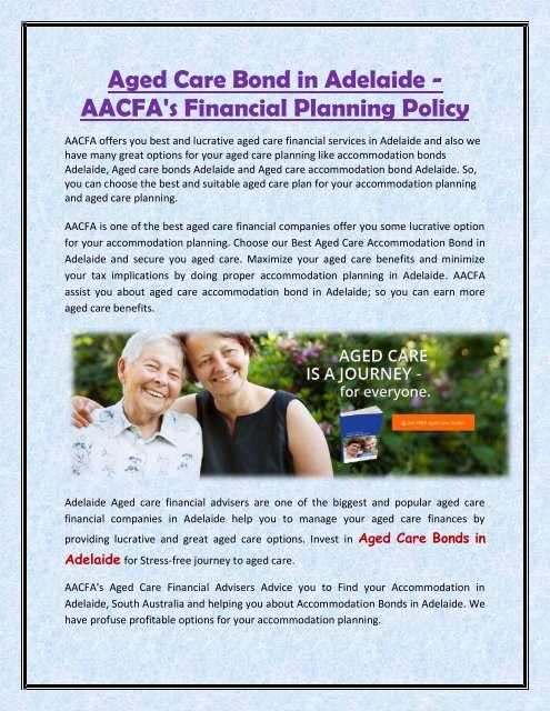 Aged Care Bond In Adelaide AACFA s Financial Planning Policy