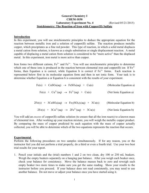 1030 Experiment No. 4, Stoichiometry The Reaction of Iron ...