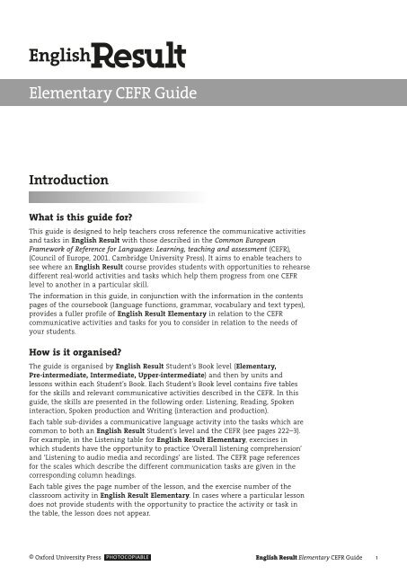 A1 English Result Elementary CEFR Mapping