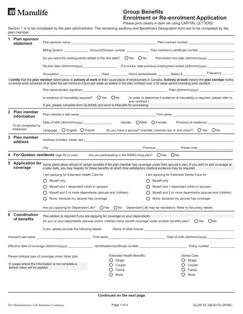 Group Benefits Enrolment or Re-enrolment Application