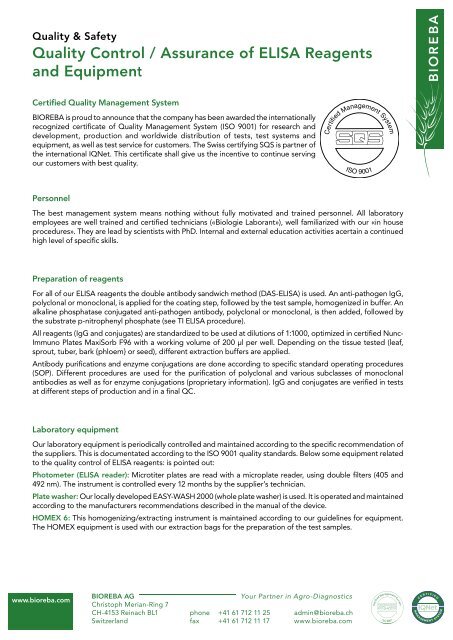 Quality Control / Assurance of ELISA Reagents and Equipment
