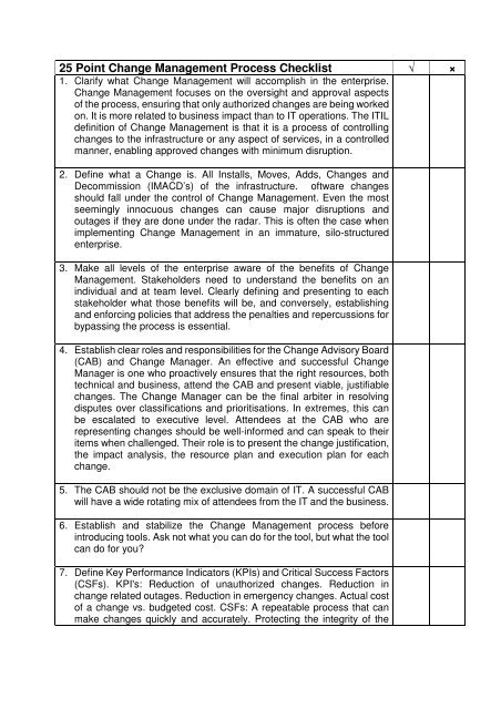 25 Point Change Management Process Checklist √ ×