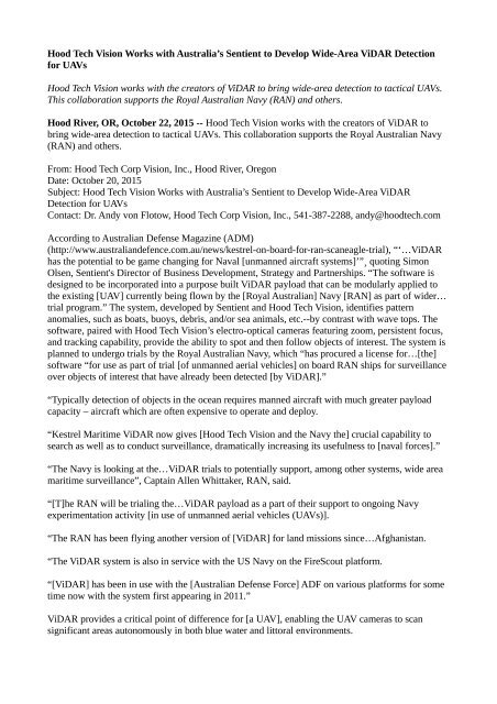 Hood Tech Vision Works with Australia’s Sentient to Develop Wide-Area ... Hood Tech Vision Works with Australia’s Sentient to Develop Wide-Area ...