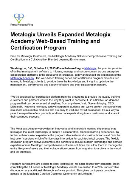 Metalogix Unveils Expanded Metalogix Academy Web-Based Training and ...