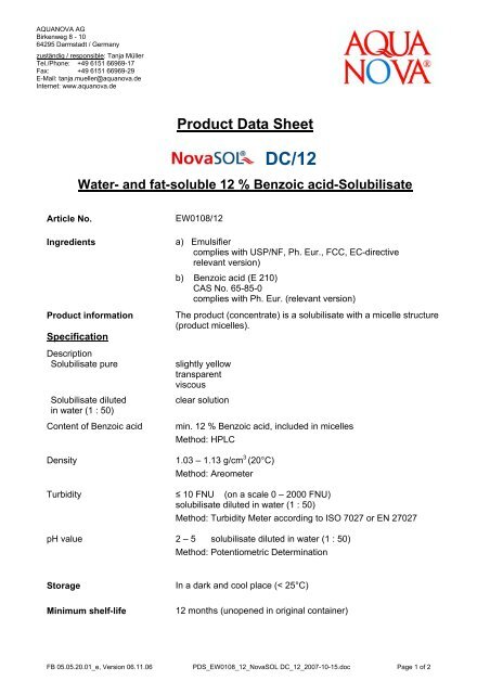 Product Data Sheet DC/12 Water - Aquanova