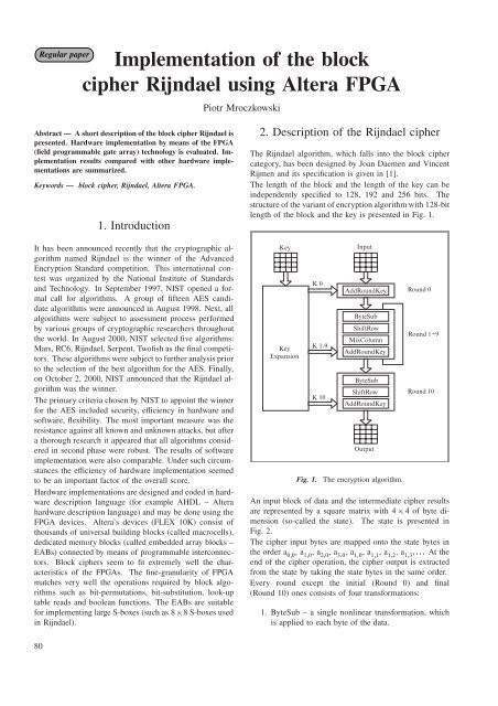 Implementation Of The Block Cipher Rijndael Using Altera Fpga