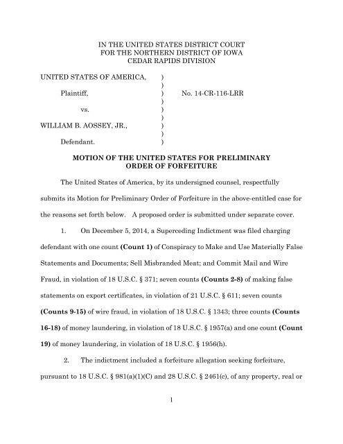 MOTION for Preliminary Order of Forfeiture by USA