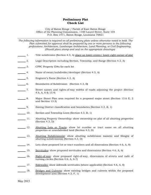 Preliminary Plat Check List May 2015