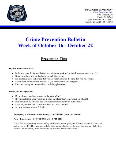 Crime Prevention Bulletin Week of October 16 - October 22