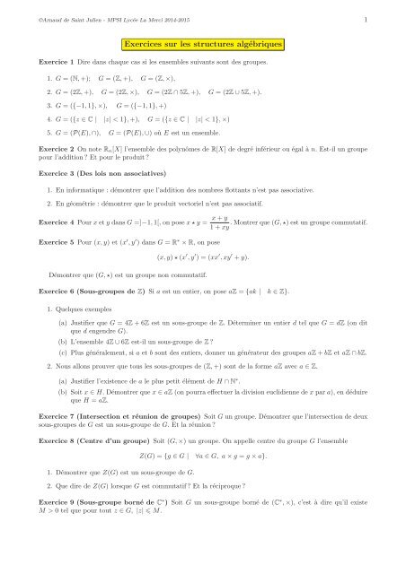Exercices sur les structures algébriques Exercices sur les structures algébriques