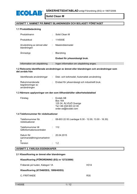 SÄKERHETSDATABLAD Solid Clean M