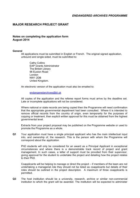 Notes on completing the major research project application form