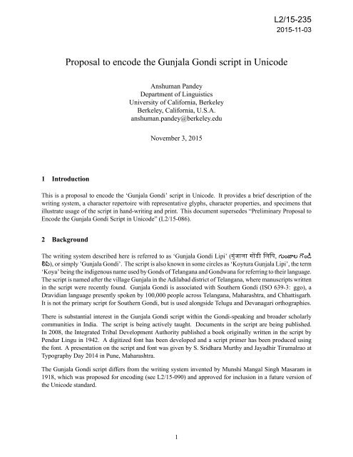 Proposal to encode the Gunjala Gondi script in Unicode