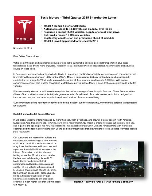 Tesla Motors – Third Quarter 2015 Shareholder Letter