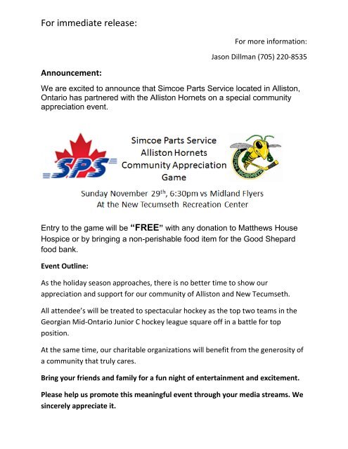 Press Release - Community Appreciation Game Nov 29, 2015